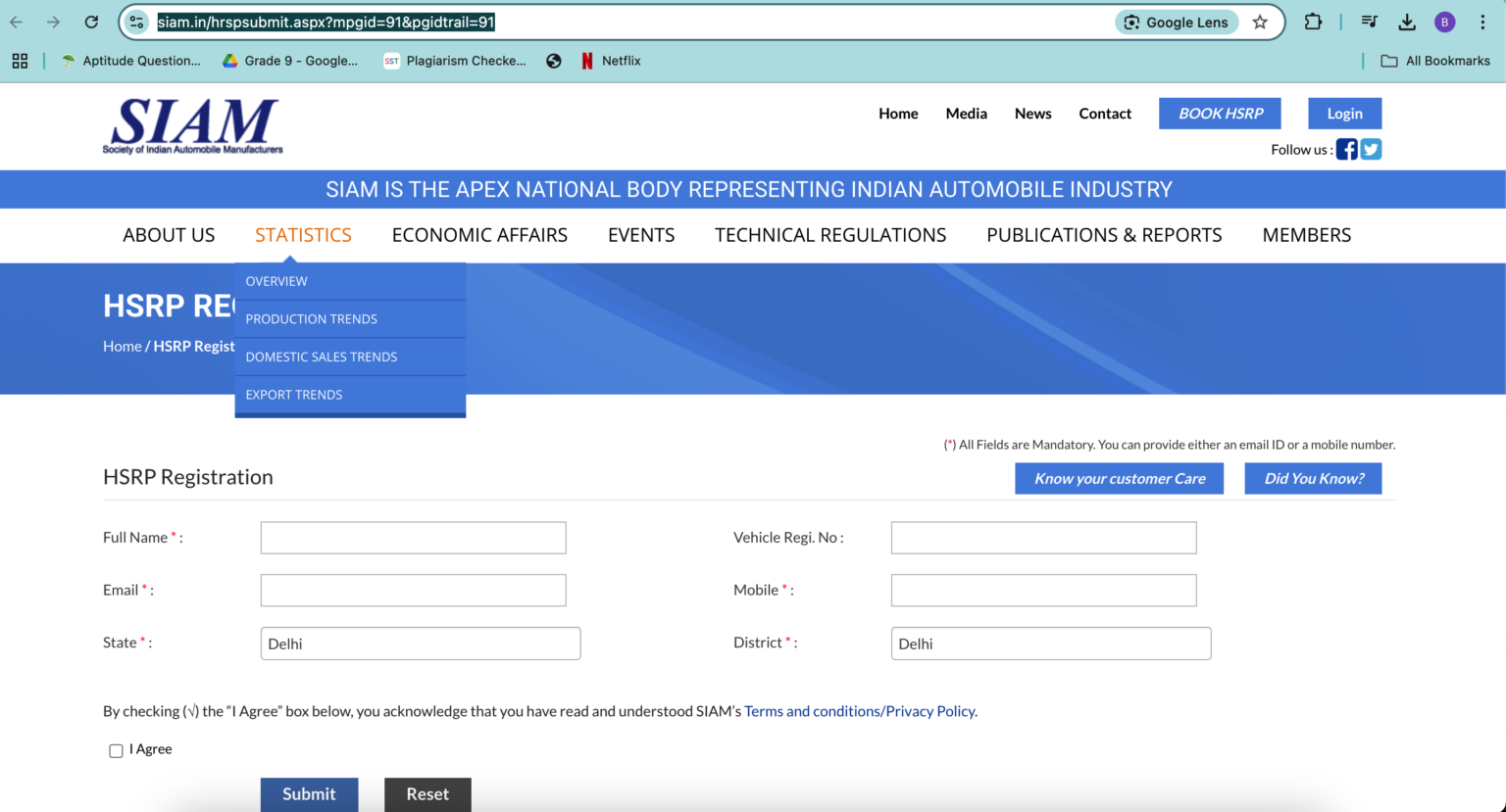 SIAM HSRP Number Plate Online Apply 2025 : Now order high security ...